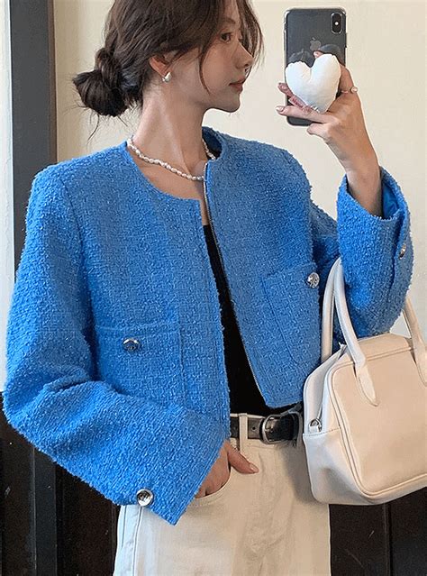 비비캐쥬얼 하객룩 보테 블루 크롭자켓