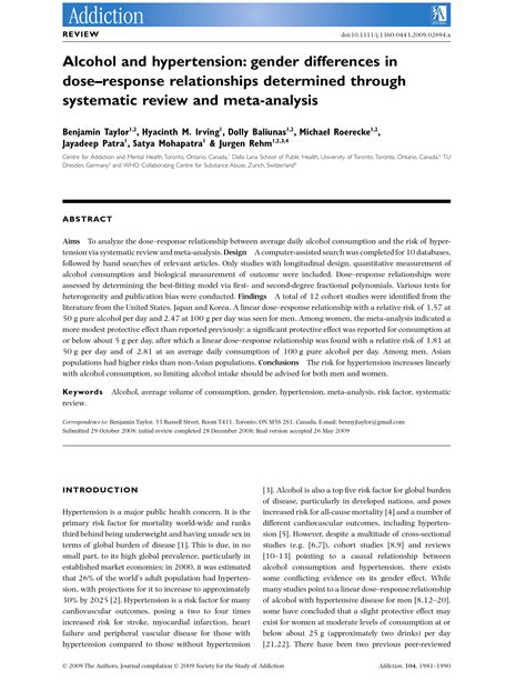 Alcohol And Hypertension Gender Differences In Dose Response Relationships Determined Through