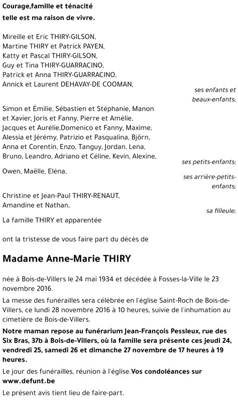 Avis De Décès De Anne Marie Thiry Décédé Le 23 11 2016 à Fosses La