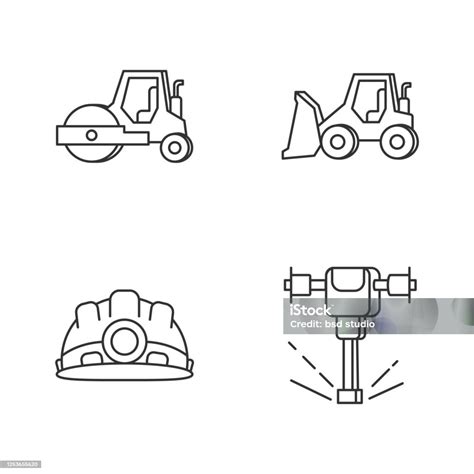 도로는 픽셀 완벽한 선형 아이콘 세트를 작동합니다 건설 공사불도저 포장용 롤러 사용자 정의 가능한 얇은 선 윤곽 기호 격리된 벡터 개요 그림입니다 편집 가능한 스트로크