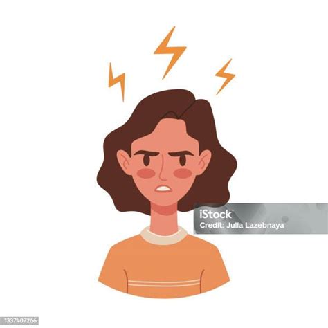 젊은 여성의 감정 정신 건강 문제 화가 나고 슬프고 불행합니다 얼굴 표현식입니다 아바타 소녀 이모티콘 애니메이션을 위한 만화 플랫 캐릭터입니다 Pms 불안 두려움 공격성에