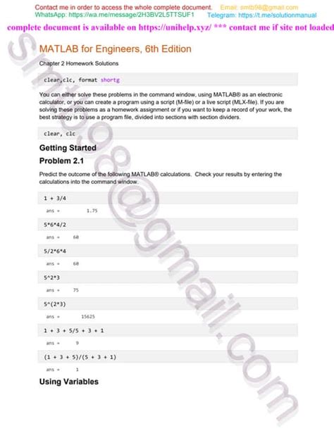 Answers To Problems For Matlab For Engineers 6th Edition By Moore Pdf Physics Science