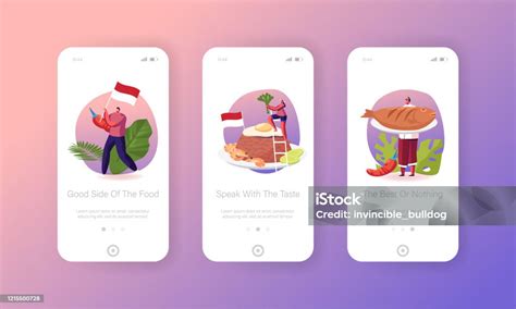 인도네시아 요리 모바일 앱 페이지 온보드 화면 템플릿입니다 작은 사람들 문자 튀긴 계란과 새우 향신료 구운 생선 개념으로 전통적인 현미를 요리 만화 벡터 일러스트레이션