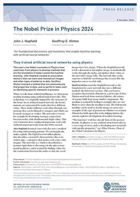 2024 노벨물리학상 인공지능과 머신러닝 연구한 존 홉필드와 제프리 힌턴 수상