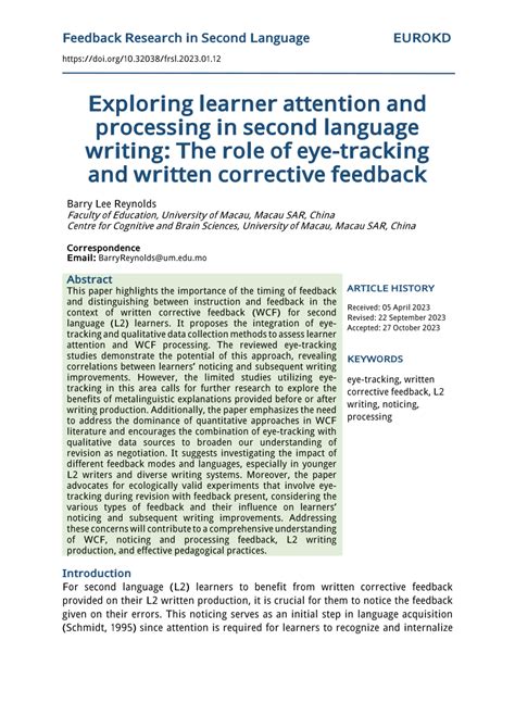 Pdf Exploring Learner Attention And Processing In Second Language Writing The Role Of Eye
