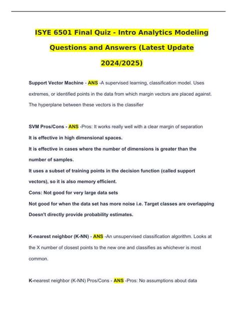Isye 6501 Final Quiz Intro Analytics Modeling Questions And Answers Latest Update 20242025