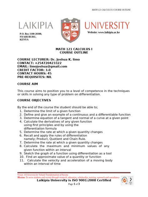 Math 121 Calculus I Course Outline Pdf Derivative Function Mathematics