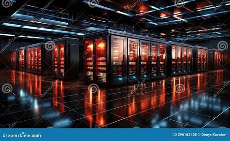 A Modern High Tech Data Center With Several Rows Of Working Servers In