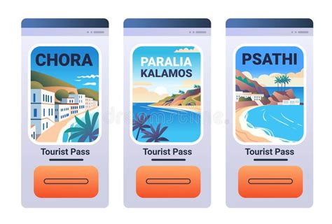 Tourist Pass App Screens With Scenic Landscapes Coastal Towns Beaches And Palm Trees Travel