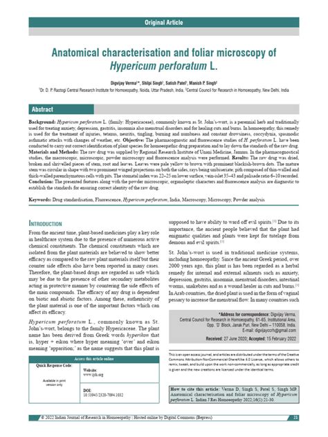 Anatomical Characterisation And Foliar Microscopy Of Hypericum Perforatum L Pdf Leaf Plant