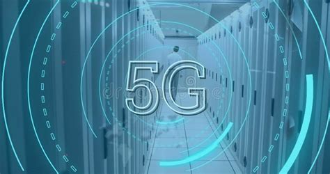Image Of 5g Text Over Round Scanner Against Rear View Of A Male Engineer Walking At Server Room
