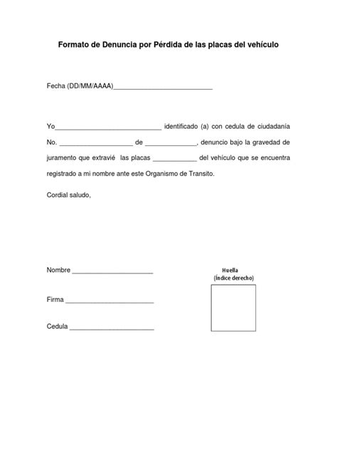 Formato De Denuncia Por Perdida De Las Placas Del Vehiculo Pdf Pdf