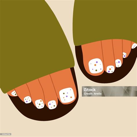 여성 페디큐어 디자인 여성 만화 발 손가락 다채로운 광택 손톱 다리 치료 개념 벡터 일러스트 레이 션 개념에 대한 스톡 벡터