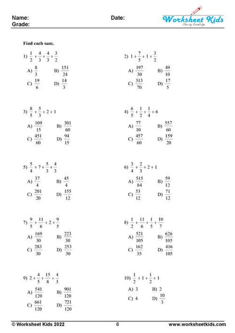 Adding Mixed Fractions With Different Denominators Worksheet