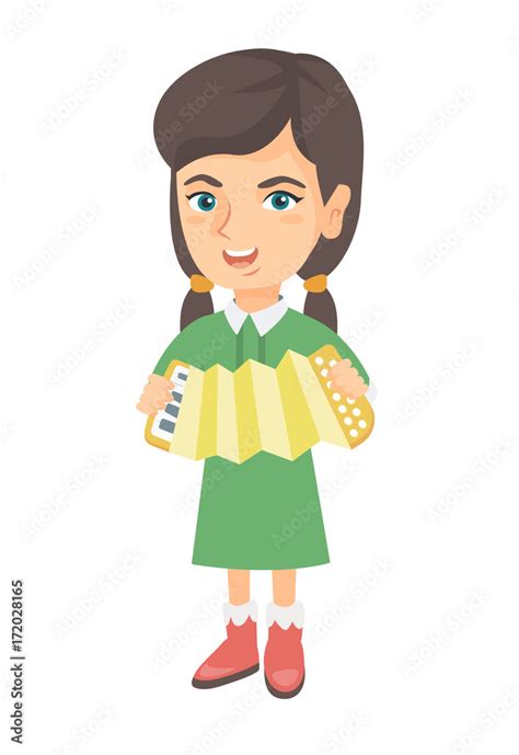 Caucasian Smiling Girl Playing The Accordion Full Length Of Babe Cheerful Girl With The