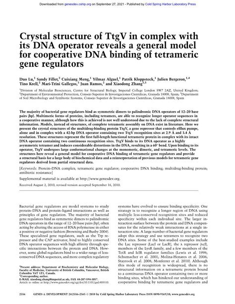 Crystal Structure Of Ttgv In Complex With Its Dna Operator Reveals A General Model For