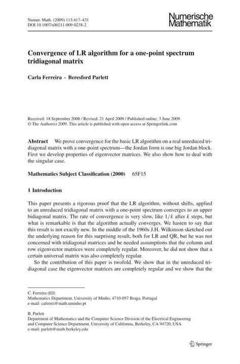 Pdf Convergence Of Lr Algorithm For A One Point Spectrum Tridiagonal