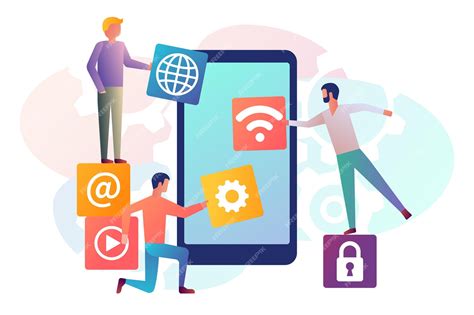 인터페이스 개발 모바일 앱 디자인 모바일 기술 소규모 팀 프로그래머는 스마트폰 화면에서 응용 프로그램 블록을 구축합니다 벡터 평면 디자인입니다 소프트웨어 개발