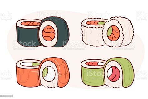 초밥 롤 벡터 그림을 그립니다 일본 아시아 전통 음식 요리 메뉴 개념 낙서 만화 스타일 0명에 대한 스톡 벡터 아트 및 기타 이미지 Istock