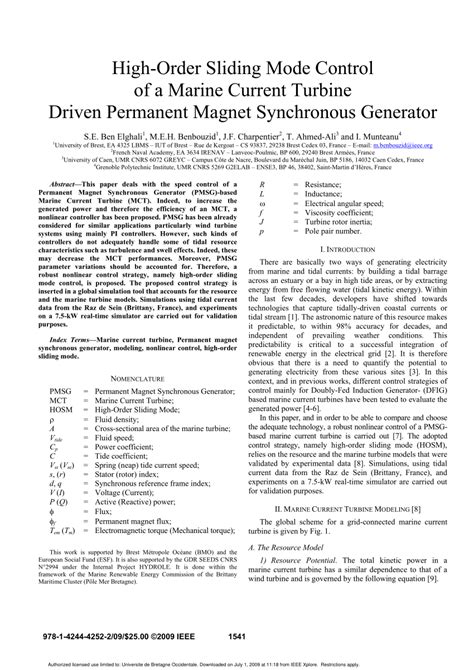 Pdf High Order Sliding Mode Control Of A Marine Current Turbine