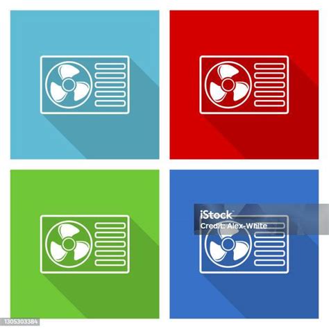 히트 펌프 아이콘 세트 4 가지 색상 옵션의 웹 디자인 및 모바일 응용 프로그램을위한 Eps 10의 플랫 디자인 벡터 일러스트레이션 가정용 장비에 대한 스톡 벡터 아트 및