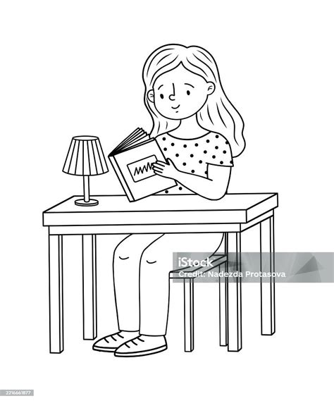 예쁜 소녀가 탁자에서 책을 읽으며 필기를 하고 있습니다 눈치가 빠른 소녀는 숙제를하면서 미소를 짓고 책상에 앉아서 즐겁게 책을 읽습니다 정면도 검은 윤곽선 귀여운 스타일