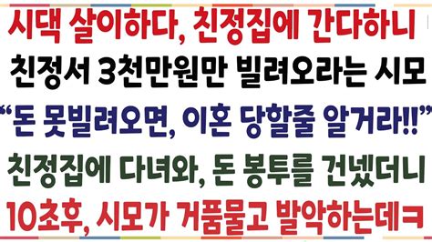반전신청사연 시댁살이하다 친정에 간다하니 친정서 3천만원만 빌려오라는 시모 돈 못빌려오면 이혼당할줄 알거라 친정집에 다녀와 돈 봉투 건네니 신청사연 사이다썰 사연
