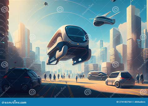 Autonomous Mobility System Carrying Passengers Through Busy City With View Of Tall Buildings