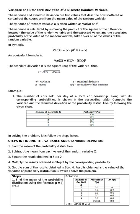 variance and standard deviation of a discrete random variable the