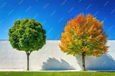 Forced Perspective Photo Of Green And Autumn Trees Against A White Wall