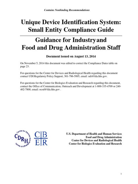 Unique Device Identification System Small Entity Compliance Guide Guidance For Industry And