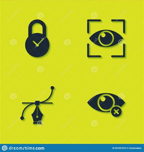 Set Padlock With Clock Invisible Or Hide Bezier Curve And Eye Scan