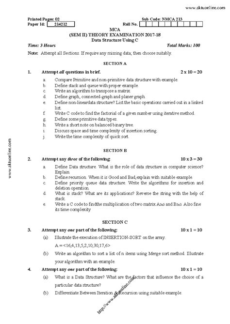 Mca 2 Sem Data Structure Using C Nmca213 2018 Printed Pages 02 Sub Code Nmca 213 Paper Id