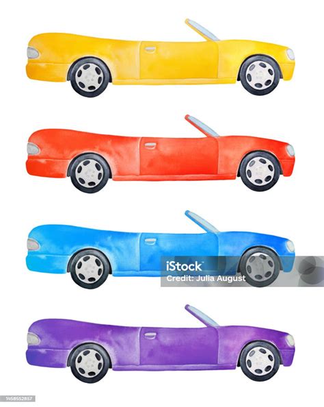 다양한 색상의 컨버터블 자동차의 수채화 그림 컬렉션 노란색 빨간색 파란색 및 보라색 컨버터블에 대한 스톡 벡터 아트 및 기타 이미지 컨버터블 파란색 도로 Istock