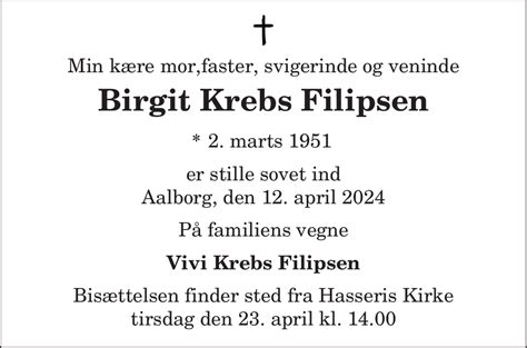 Dødsannonce For Birgit Krebs Filipsen Nordjyske Dk