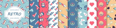 벡터 다채로운 완벽 한 복고풍 기호 패턴의 컬렉션 패션 스타일 8090 년대 추상적인 트렌디한 배경 밝은 빈티지 끝없는 프린트 0명에 대한 스톡 벡터 아트 및 기타 이미지