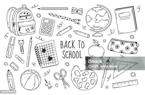 학용품 세트 학교로 돌아 가기 지구본 노트북 배낭 연필 펜 및 기타 손으로 그린 낙서 벡터 그림입니다 가방에 대한 스톡 벡터 아트 및 기타 이미지 Istock