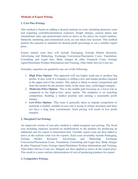 Export Pricing Methods Cost Plus Marginal Competitive Market