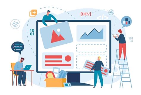 웹 개발자와 디자이너 팀은 웹 사이트 웹 페이지 디자인을 구축합니다 웹 사이트 벡터 개념 설계 소프트웨어 개발 코딩 및 프로그래밍 개념에 대한 스톡 벡터 아트 및 기타