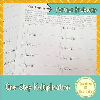 One Step Equations Multiplication Partner Problems By Teaching In Real Life
