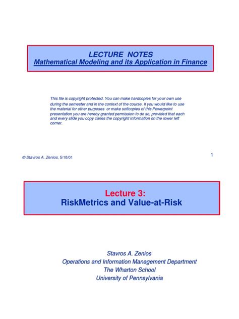 Lecture Notes Mathematical Modeling And Its Application In Finance