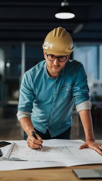 Architect Or Engineer Design Working On Blueprint Premium Ai Generated Image
