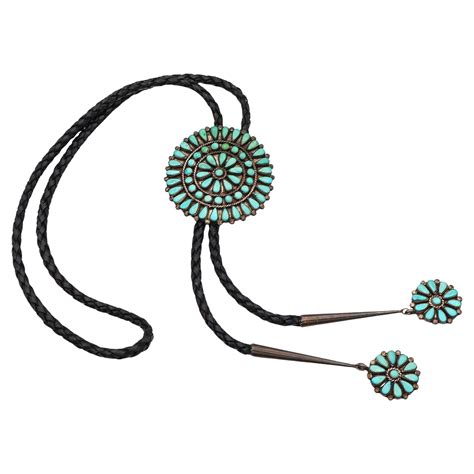 Vintage Zuni L L Signed Sterling Silver Turquoise Cluster Bolo Tie For