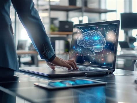 Businessman Using Ai Technology On Laptop In Modern Office Stock Illustration Illustration Of