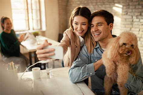 사무실에서 일하는 동안 강아지와 함께 셀카를 찍는 행복한 비즈니스 커플 2명에 대한 스톡 사진 및 기타 이미지 2명 개 그래픽 디자이너 Istock