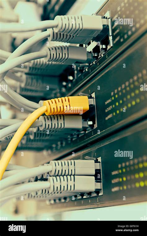 Patch Panel Server Rack With Gray Cords In The Background Stock Photo Alamy