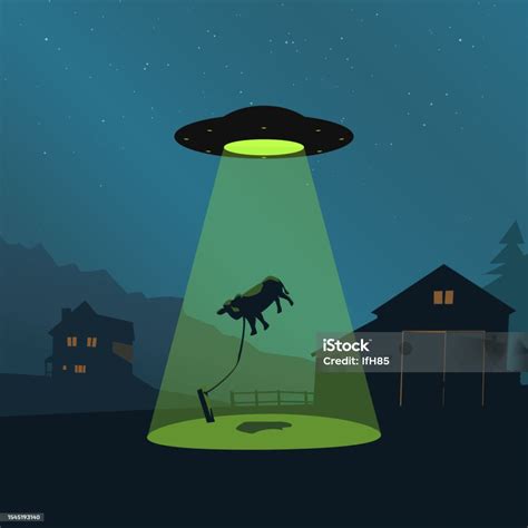 A Ufo Spaceship Abducting Cow From Village Stock Illustration