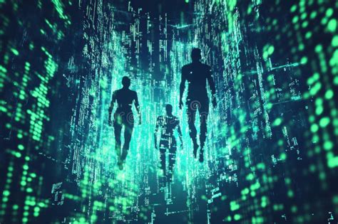 Exploration Of A Digital Realm With Human Silhouettes Amidst A Matrix