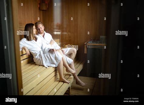 People Enjoying Sauna Health Benefits In Spa Stock Photo Alamy