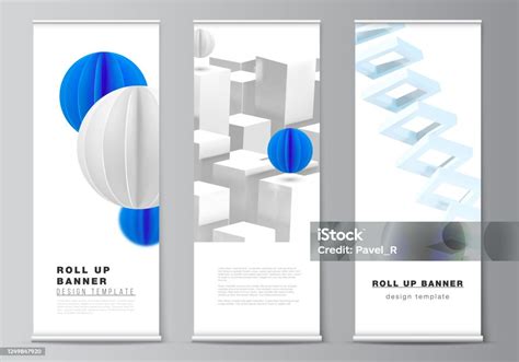 수직 전단지 플래그 디자인 템플릿 배너 스탠드 광고용 모형 디자인 템플릿의 벡터 레이아웃 동적 사실적 기하학적 파란색 모양으로 3d 렌더링 벡터 컴포지션 3차원 형태에 대한